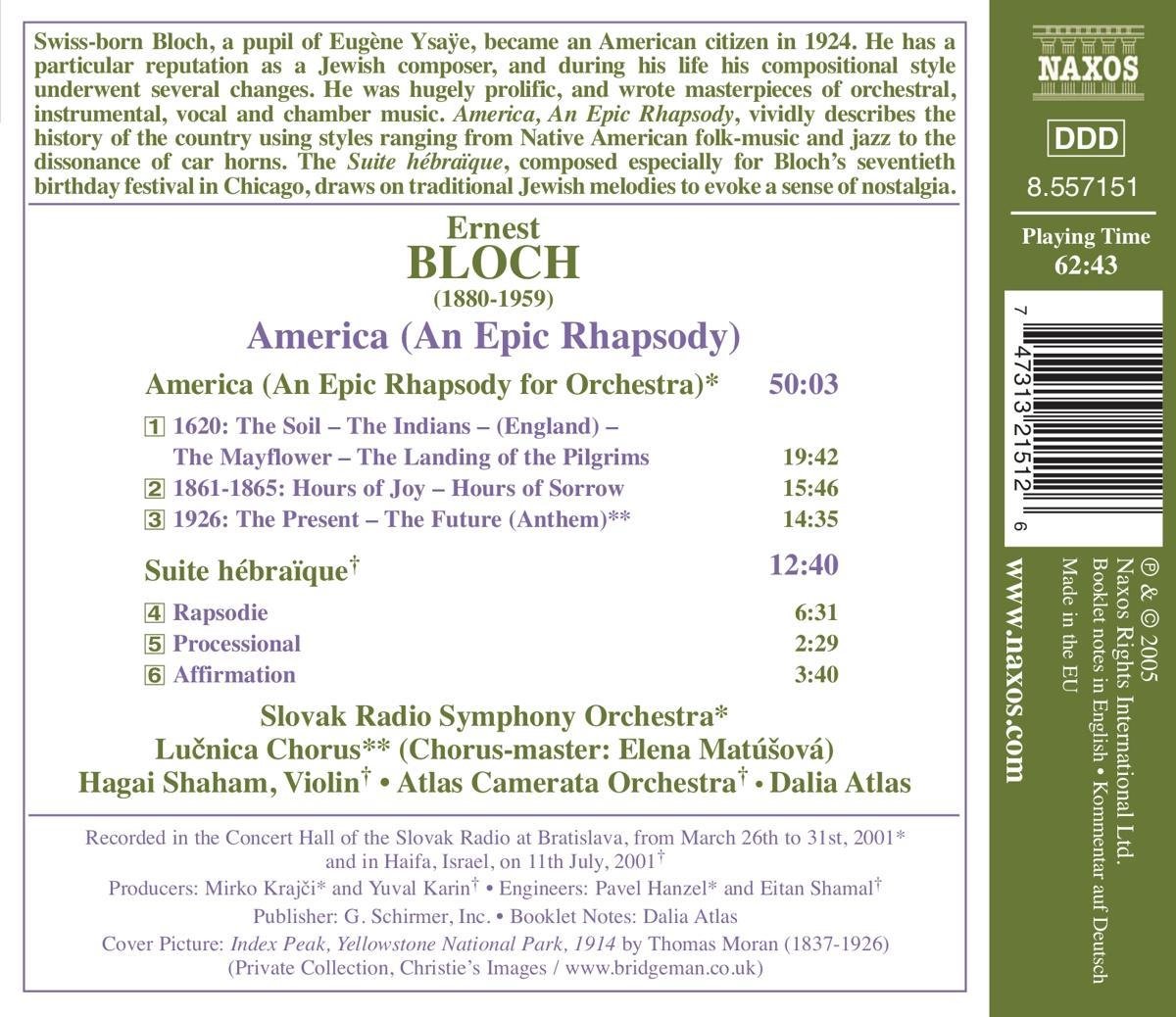 Slovak Radio Symphony Orchestra, Dalia Atlas - Bloch: America (An Epic Rhapsody) /... | bol.com