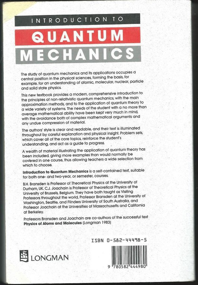 Introduction to Quantum Mechanics, B. H. Bransden | 9780582444980 ...