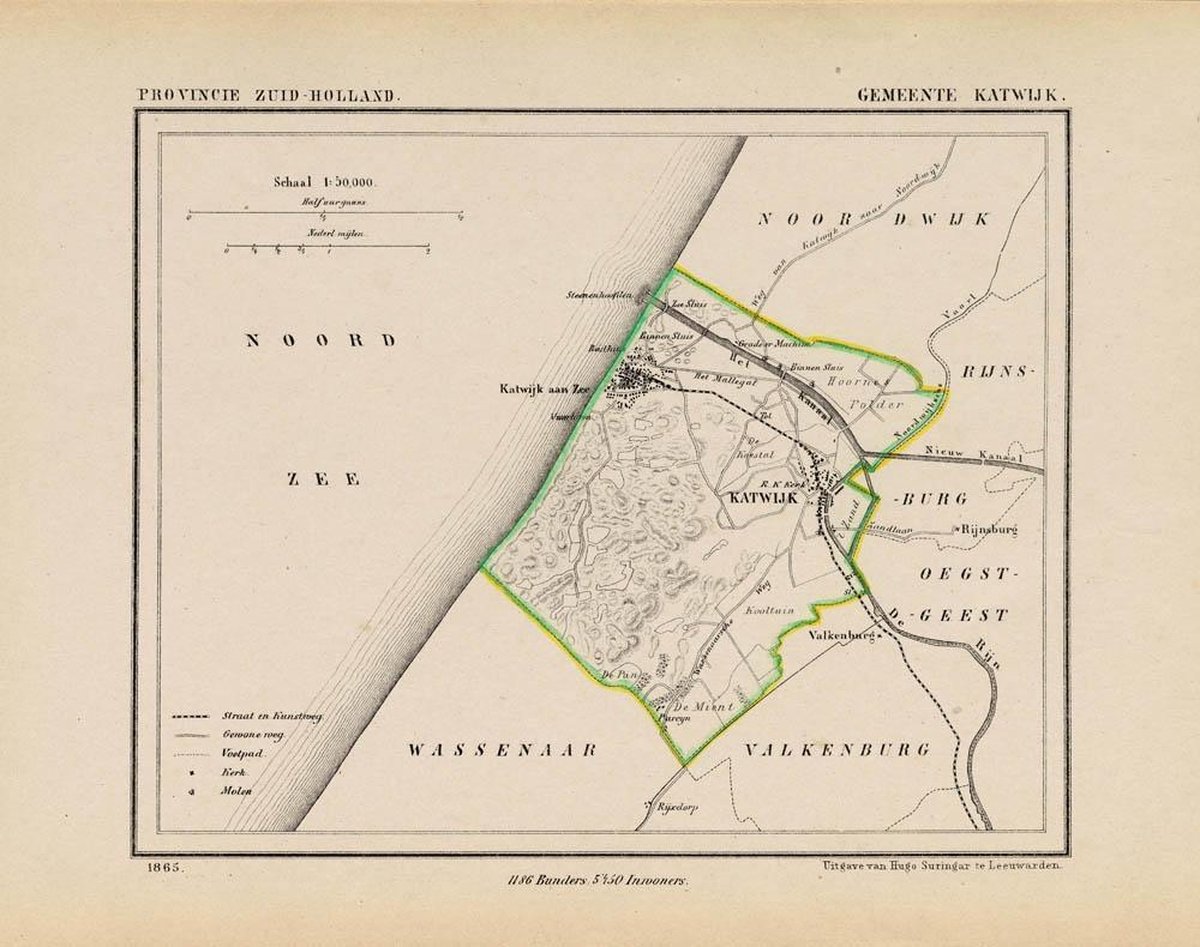 Historische kaart, plattegrond van gemeente Katwijk in Zuid Holland uit ...