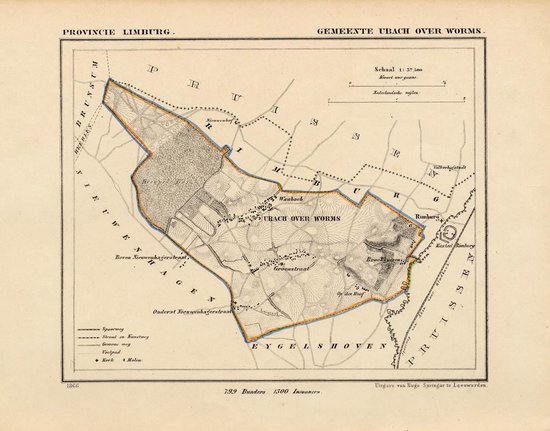 Historische kaart, plattegrond van gemeente Ubach over Worms in Limburg ...