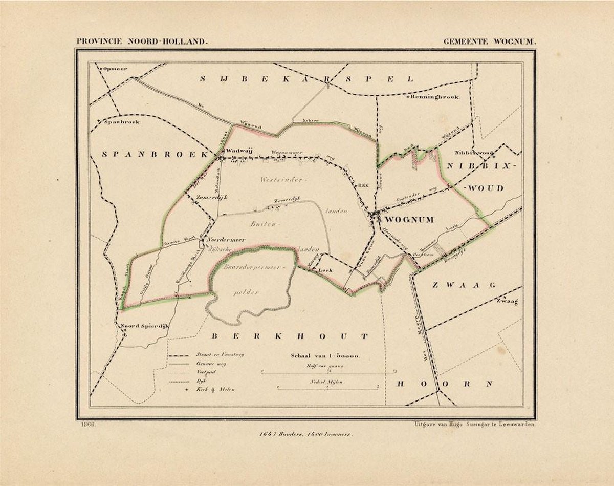 Historische kaart, plattegrond van gemeente Wognum in Noord Holland uit ...
