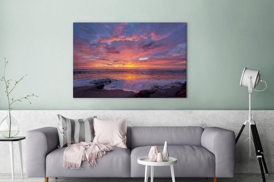 Canvas Schilderij Strand - Zee - Zonsondergang - 120x80 cm - Wanddecoratie | bol
