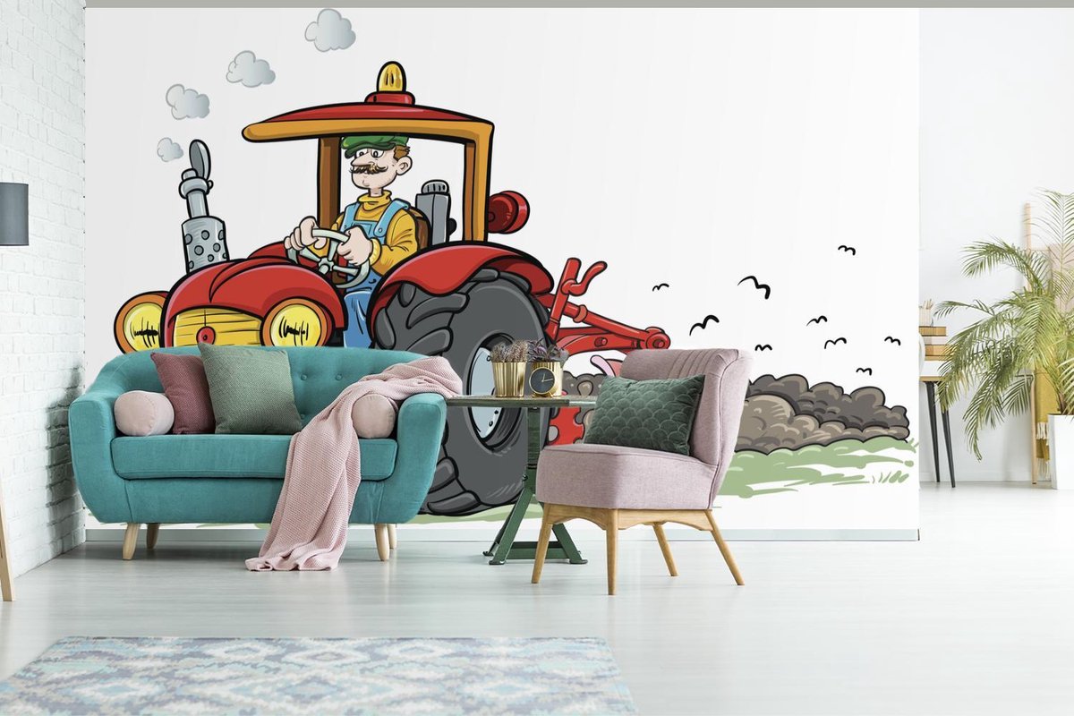 Behang - Fotobehang Trekker - Boer - Rood - Breedte 385 cm x hoogte 240 ...