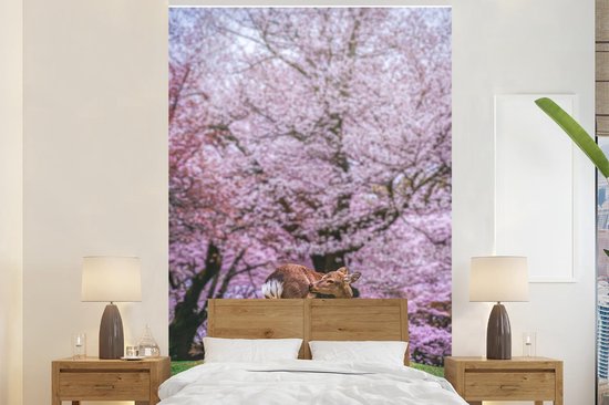 Behang - Fotobehang Hert - Roze - Bloesem - Breedte 195 cm x hoogte 300 ...
