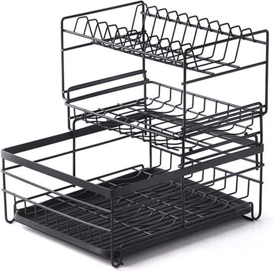 Flanner® Luxe 3 Laags Afdruiprek met Lekbak Zwart- Afdroog Rek ...