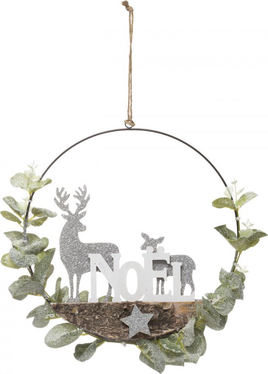 Kersthanger Kerstkrans Metaal met Hert en bambi met groene besneeuwde ...