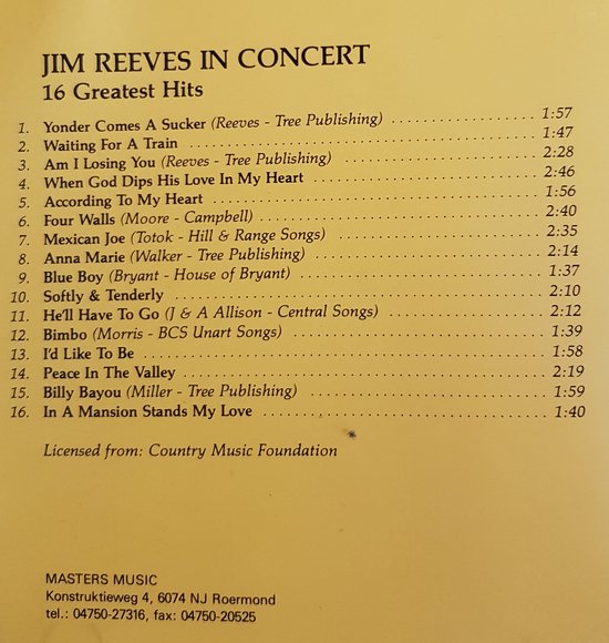 Jim Reeves In Concert 16 Greatest Hits, Jim Reeves | Muziek | bol