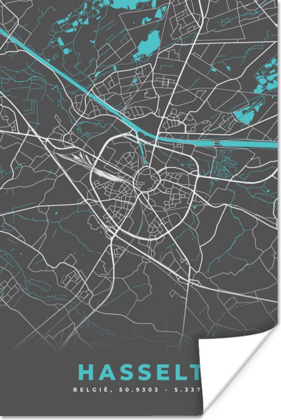 Poster België – Hasselt – Stadskaart – Kaart – Blauw – Plattegrond ...