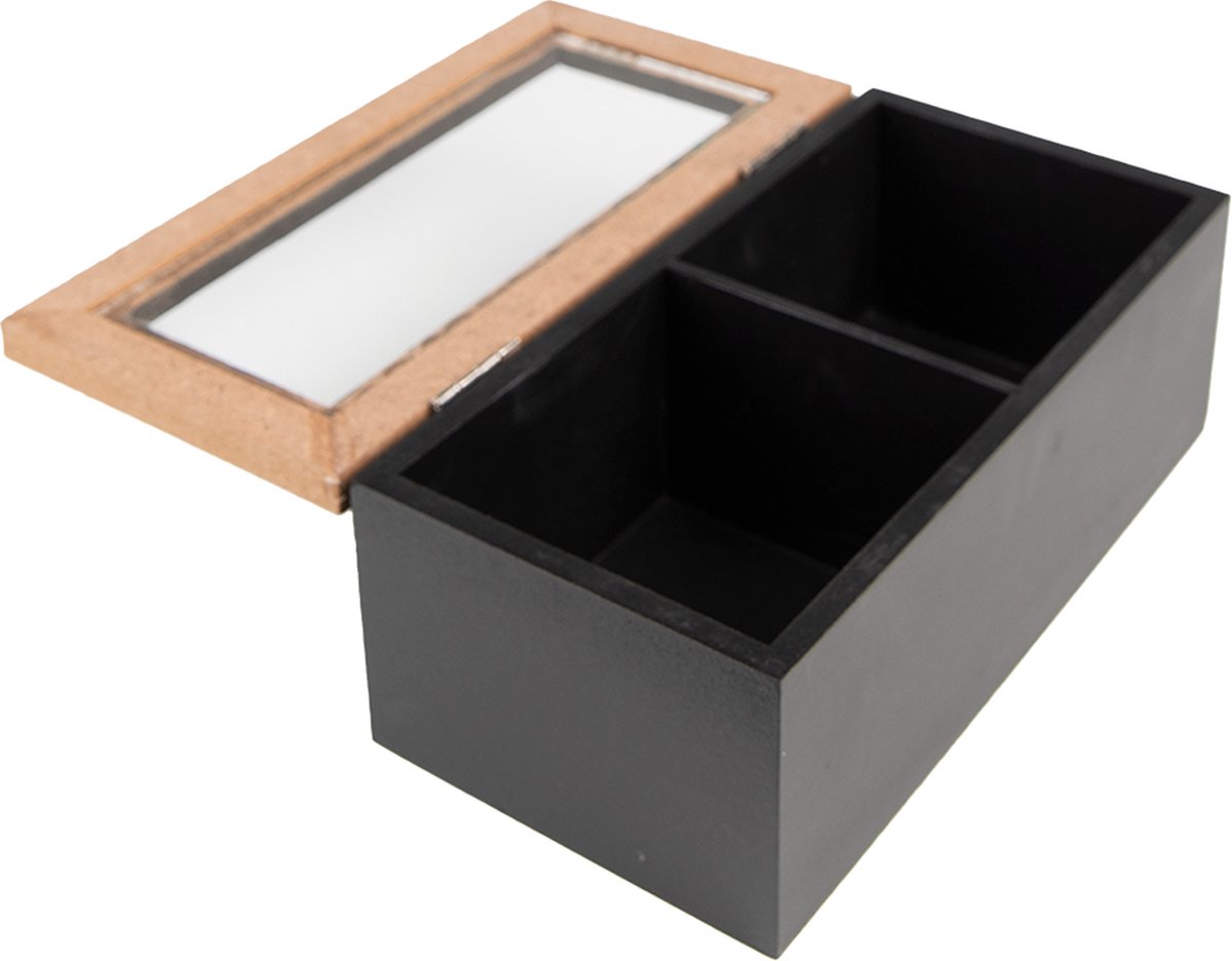 Clayre & Eef Theedoos 18x9x7 cm Zwart Bruin MDF Glas Doosje Thee kist ...