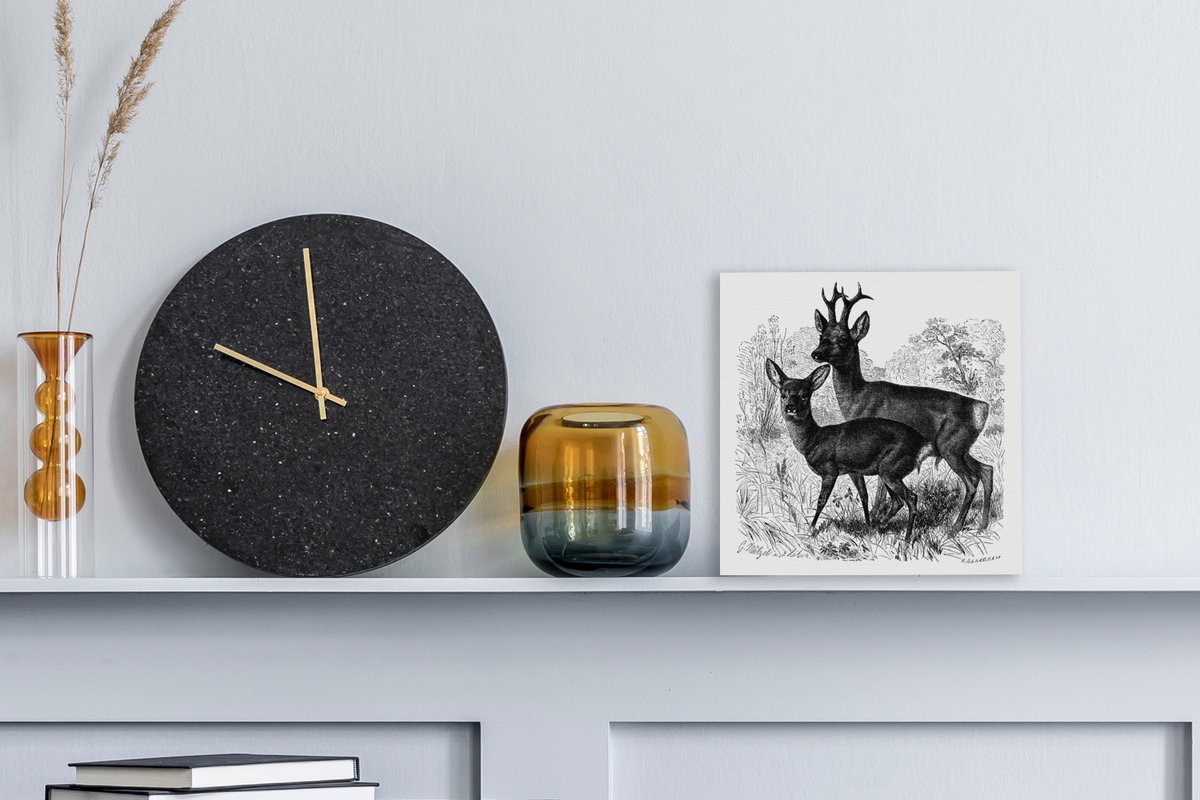 Canvas Schilderij Een zwart witte tekening van reeën in de natuur ...