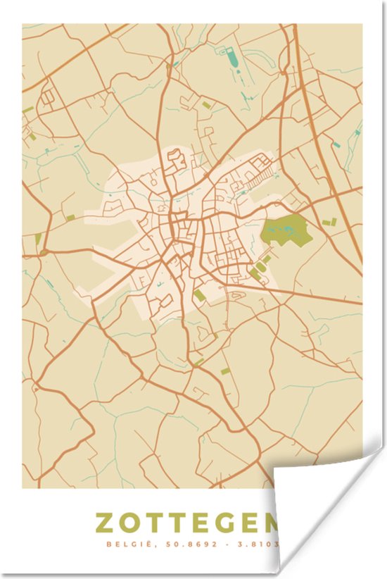 Poster Kaart - Retro - Plattegrond - Stadskaart - Zottegem - 20x30 cm | bol