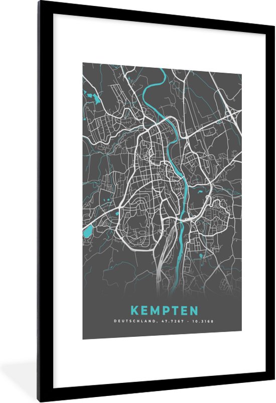 Fotolijst incl. Poster - Kempten – Stadskaart – Blauw – Plattegrond ...