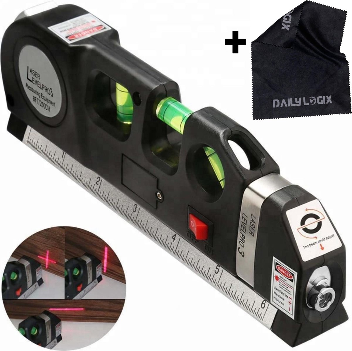 Laserwaterpas Rolmaat met Kruislijnlaser en Lijnlaser met Meetlint ...