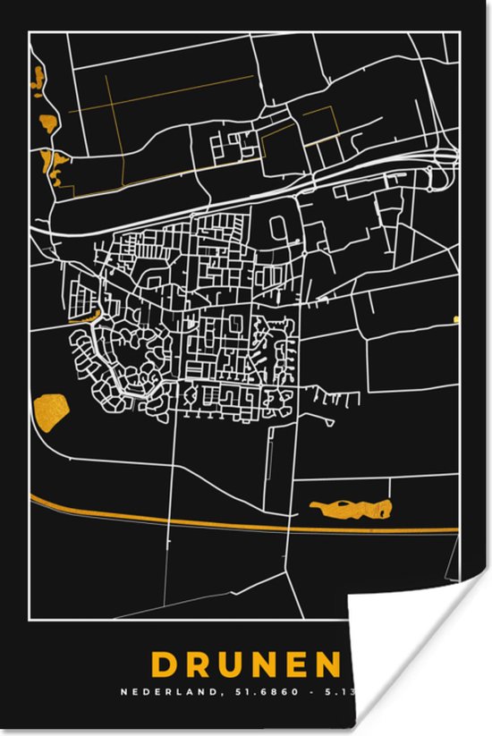 Poster Kaart - Stadskaart - Black en gold - Drunen - Plattegrond ...