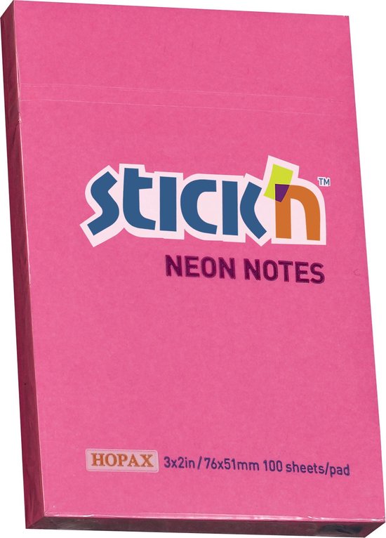 Stick'n sticky notes - 76x51mm, neon magenta, 100 memoblaadjes | bol