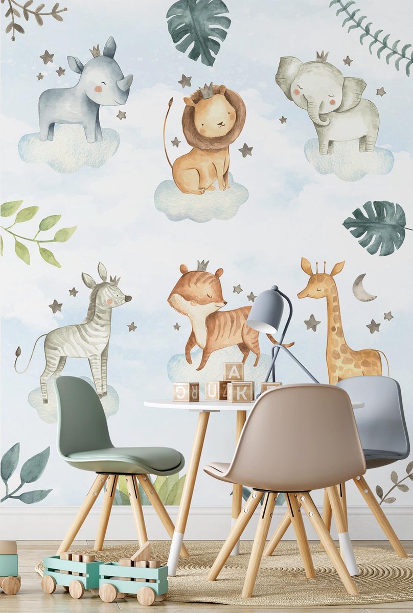 Behang kinderkamer ~ Safari dieren op wolken 210 cm breed x 260 cm hoog ...