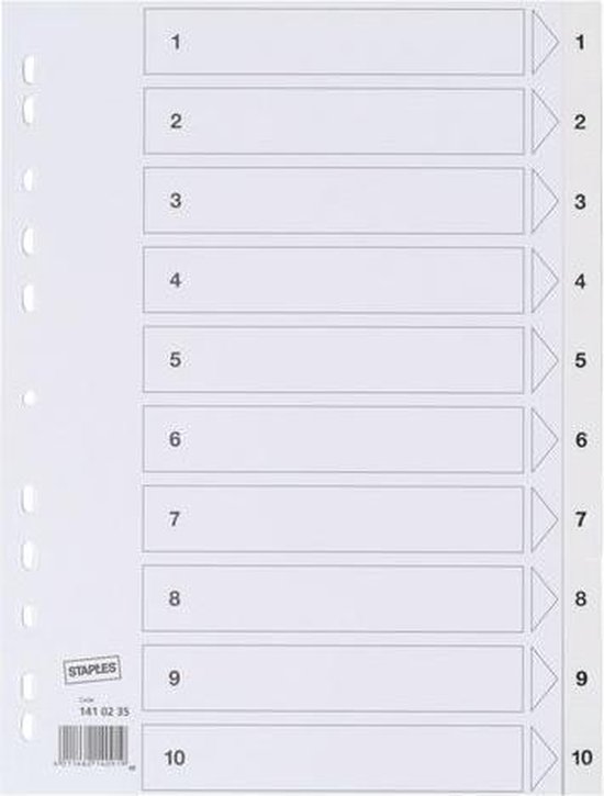 Staples Tabbladen met nummers 1-10, A4, polypropyleen, wit (set 10 vel ...
