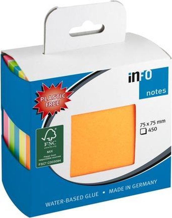 Info sticky notes - met hanging hole - 450 vel - 75x75mm - oranje, geel ...