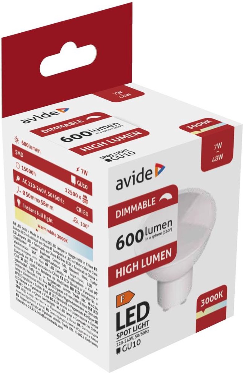 Avide LED Spotlamp dimbaar 7W GU10 fitting 3000 kelvin warmwit max. 600 ...