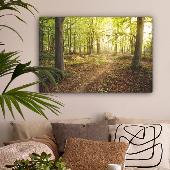 Canvas Schilderij Bos - Pad - Zonsopgang - 90x60 cm - Wanddecoratie | bol