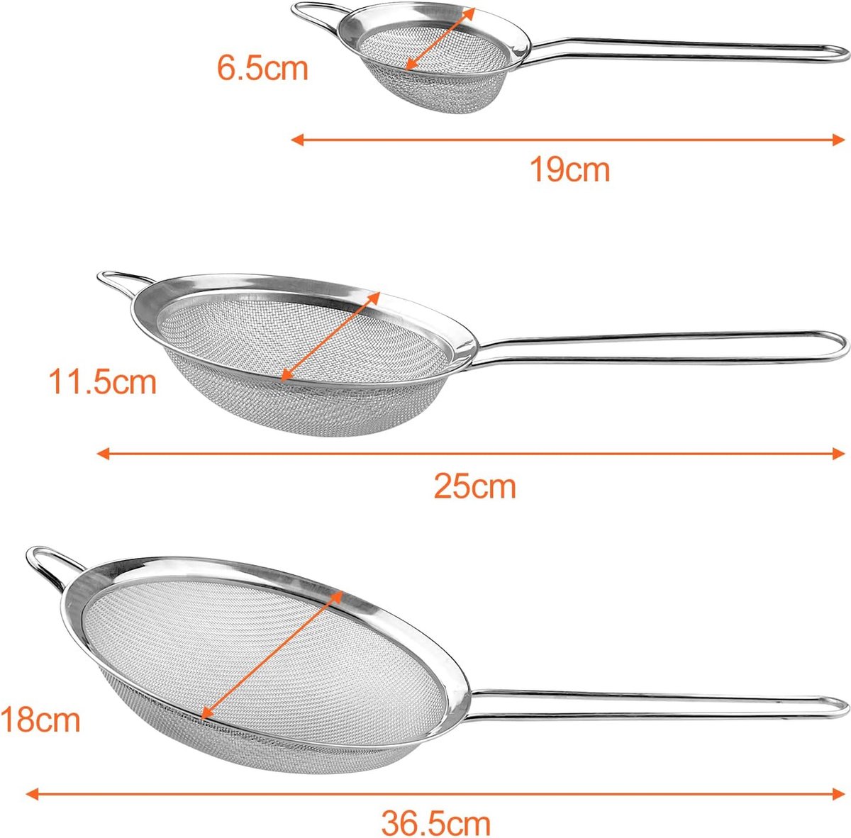 Tamis inox 3 pièces 19/25/37 cm, tamis à mailles fines avec poignée ...