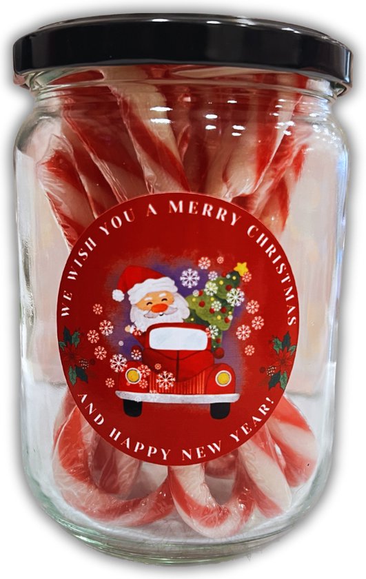 Glazen Snoeppot Gevuld "Fijne Feestdagen" - 12x zuurstokken - candy ...