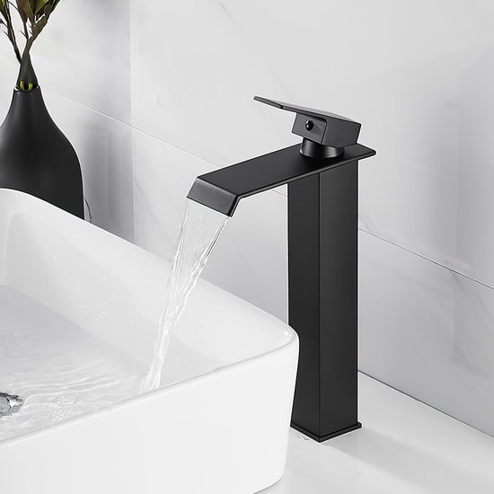 10056-N Tall Waterfall Black Matt Bathroom Stainless Steel Square Tap ...