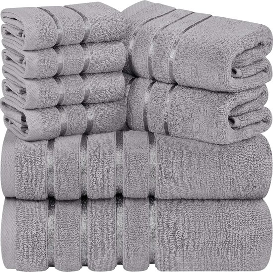 Koele Grijze Handdoekenset 8 - Stukje, Viscose Streep Handdoeken - Ring ...