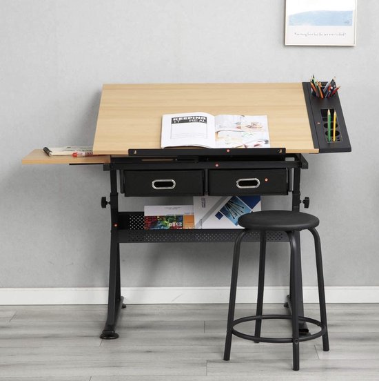 Professionele tekenbureau en kruk. Engineered Wood, Eiken & Zwart UT-DT1027 | bol