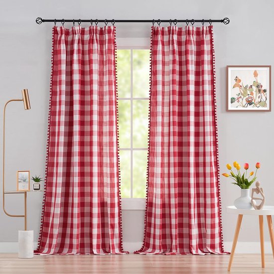 Geruite gordijnen - Rood wit geruite gordijnen - 135 x 180 cm - 2 stuks ...