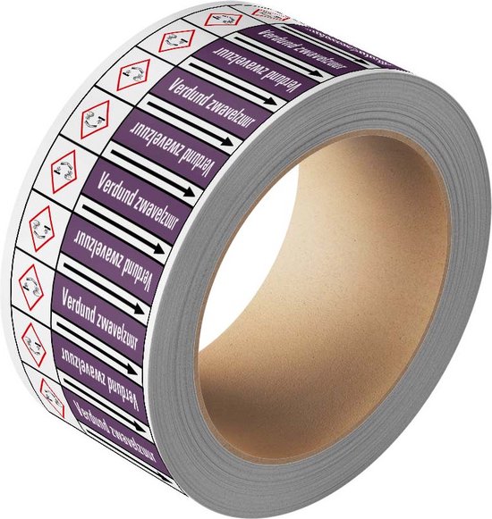 Verdund zwavelzuur leidingmarkering op rol, 25 meter 252 mm | bol