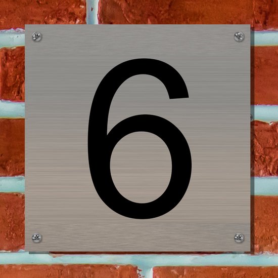 Huisnummerbord RVS Deluxe - Nummer 6 - 12 x 12 cm - incl. set voor ...