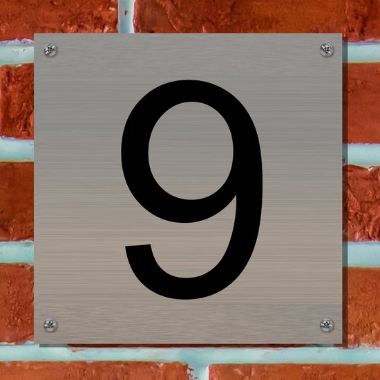 Huisnummerbord RVS Deluxe - Nummer 9 - 12 x 12 cm - incl. set voor ...