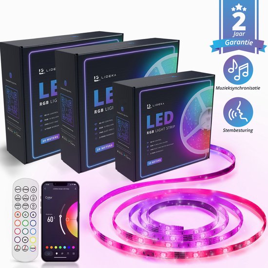 Lideka - LED Strip 50 (20+20+10) Meter RGB - met Afstandsbediening - Gaming Lichtstrip... | bol