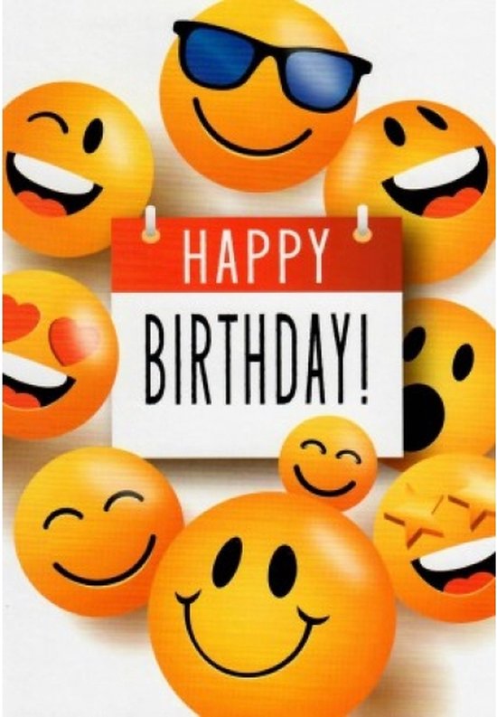 Gefeliciteerd met je verjaardag! Een vrolijke kaart met blije smileys ...