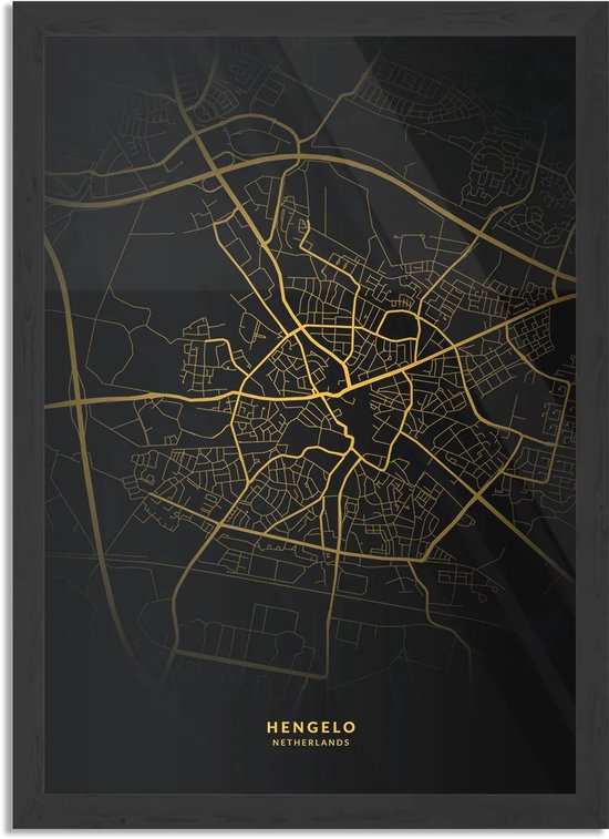 Poster Hengelo Plattegrond Zwart Geel Rechthoek Verticaal Met Lijst L ...