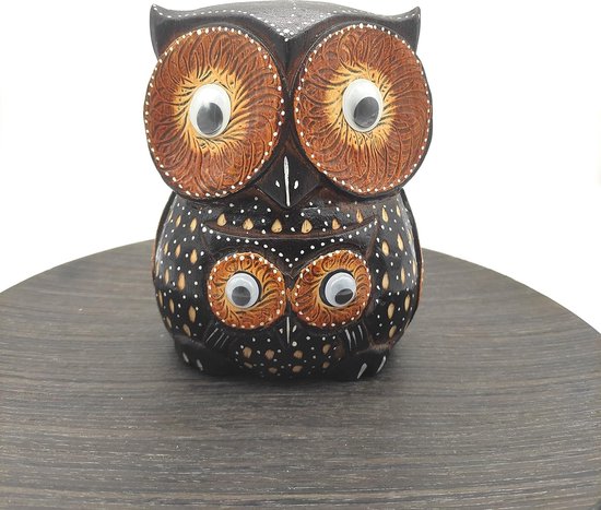 Houten Uil Set 15cm met Baby Decoratie Handgesneden Geluks Uil Ambacht ...