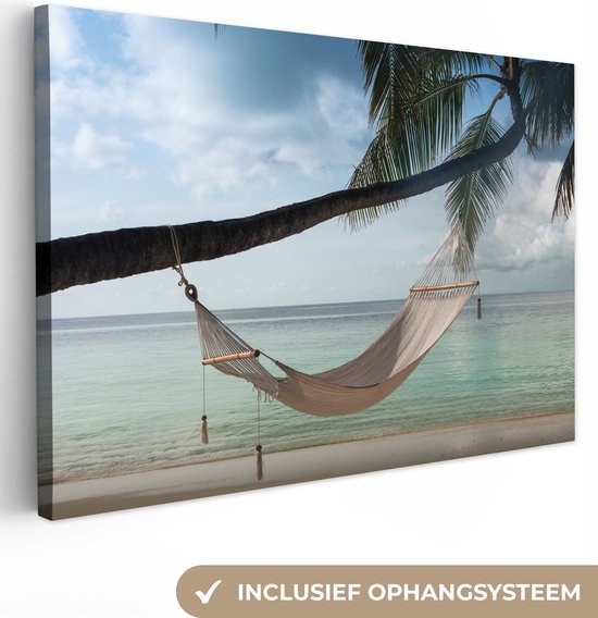 Canvas Schilderij Palmboom - Hangmat - Strand - 60x40 cm - Wanddecoratie | bol
