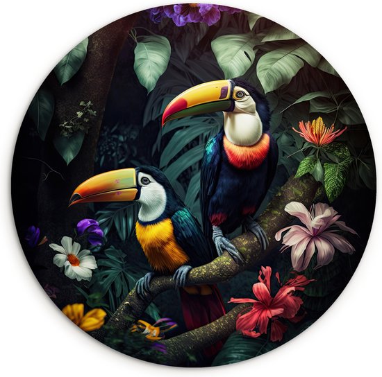 WallCircle - Wandcirkel ⌀ 60 - Toekan - Bloemen - Jungle - Vogels - Ronde schilderijen... | bol