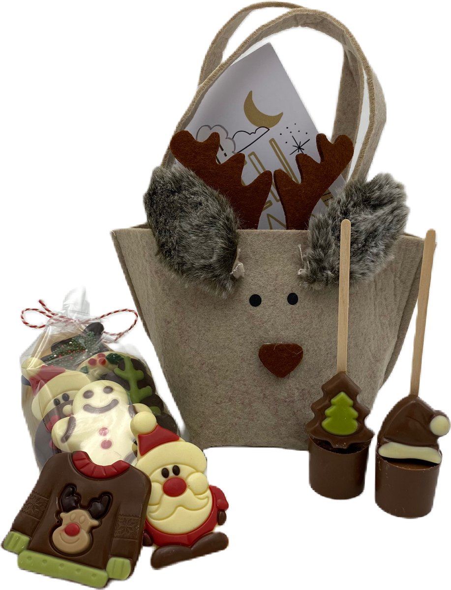 Kerstpakketje Mandje Rudolph - kerstchocolade - warme chocomelk sticks ...