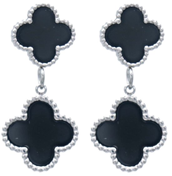 Oorbellen Klavers - Oorhangers - RVS - 3 cm - Zilverkleurig en Zwart | bol