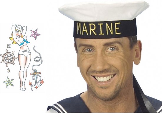 Carnaval verkleed Matrozen hoedje - wit - met zeeman plak tatoeages ...