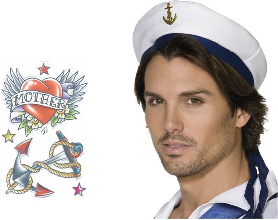 Carnaval verkleed Matrozen hoedje - wit - met zeeman plak tatoeages ...