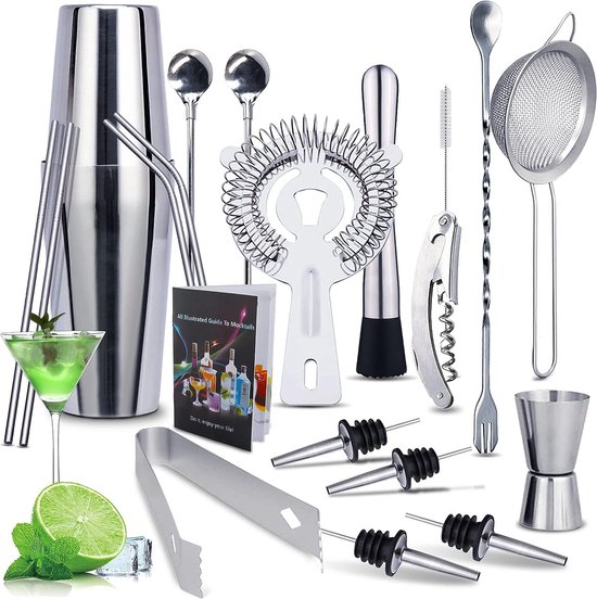 Cocktailset, roestvrij staal, cocktailshakerset, 20-delige ...