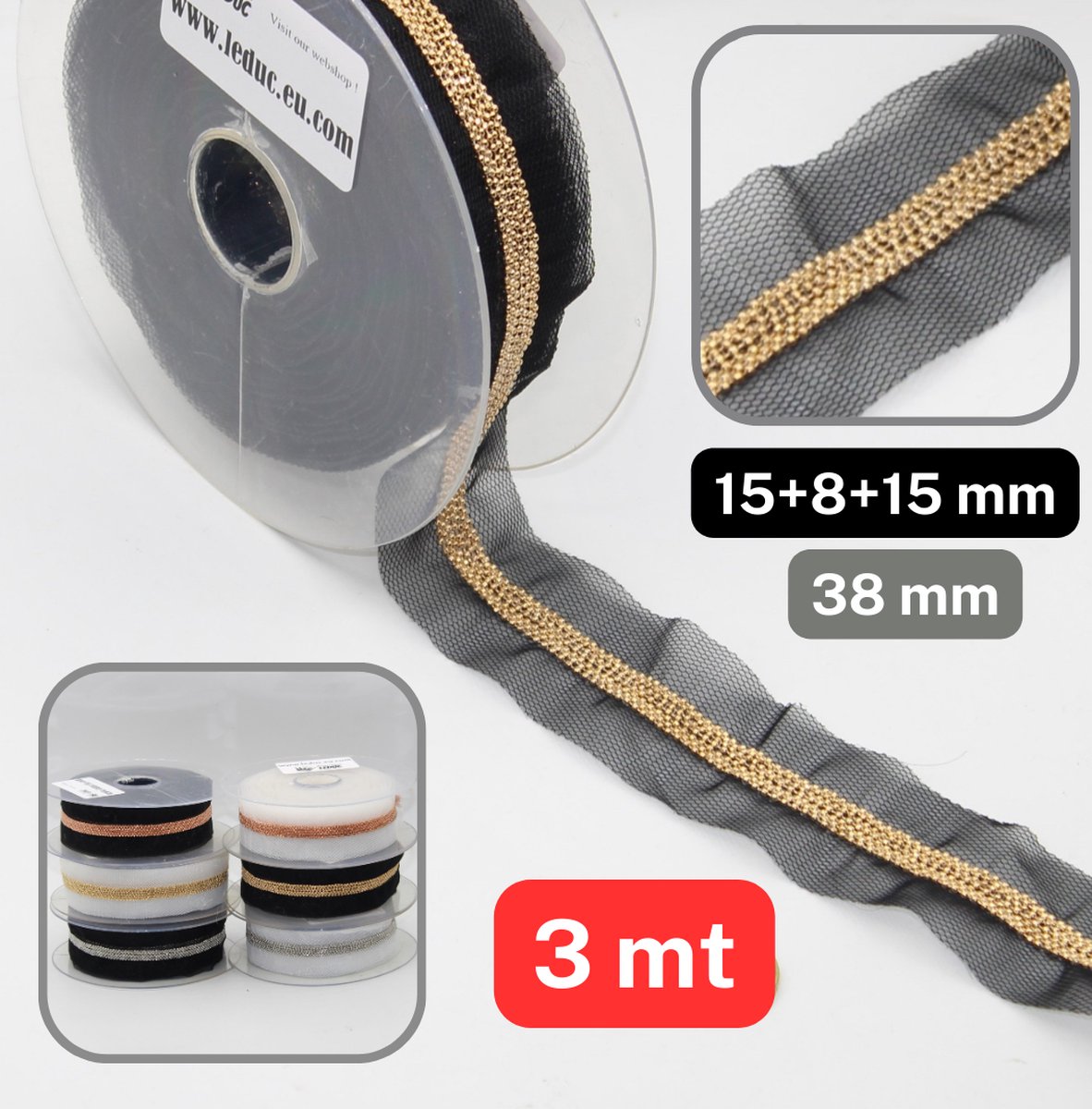 3 Meter FANTASIELINT/TULLE-LINT, Breedte 38MM, met Metalen PARELKETTING ...