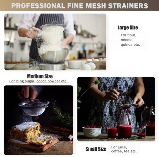 Set van 3 roestvrijstalen zeefjes en afdruipzeefjes, premium fijne zeef ...