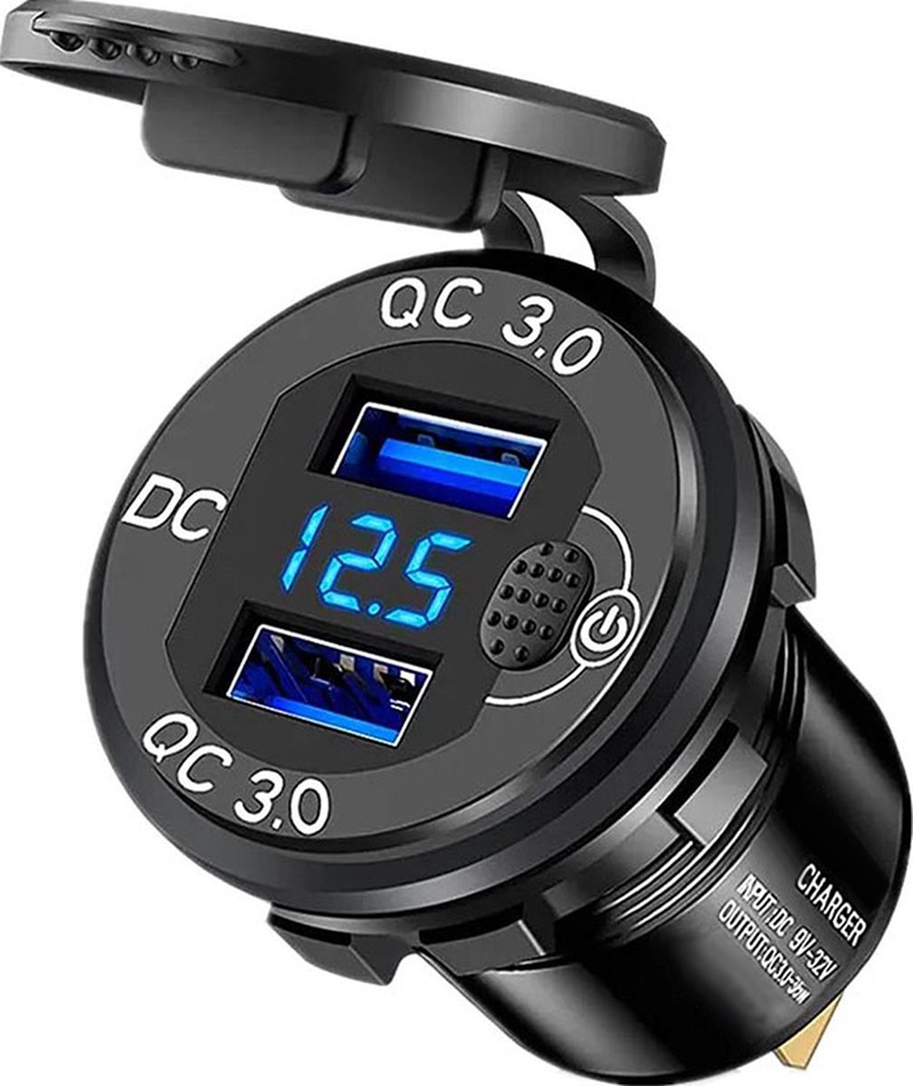 Dual USB stopcontact QC3.0 met Volt meter & Aan-Uit Schakelaar - 12-24V ...