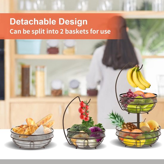 Support à fruits à 2 étages - Corbeille à fruits avec porte-bananes ...