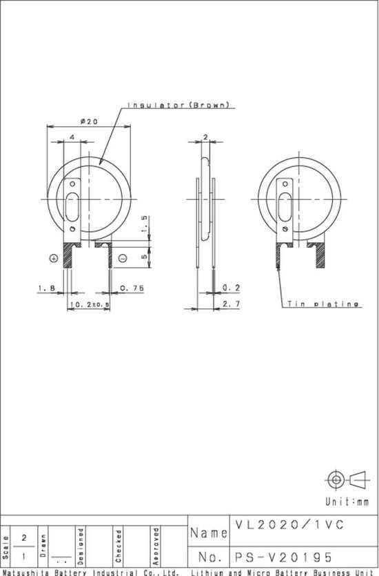 Panasonic VL2020-1VCE Oplaadbare knoopcel VL2020 Lithium 20 mAh 3 V 1 ...