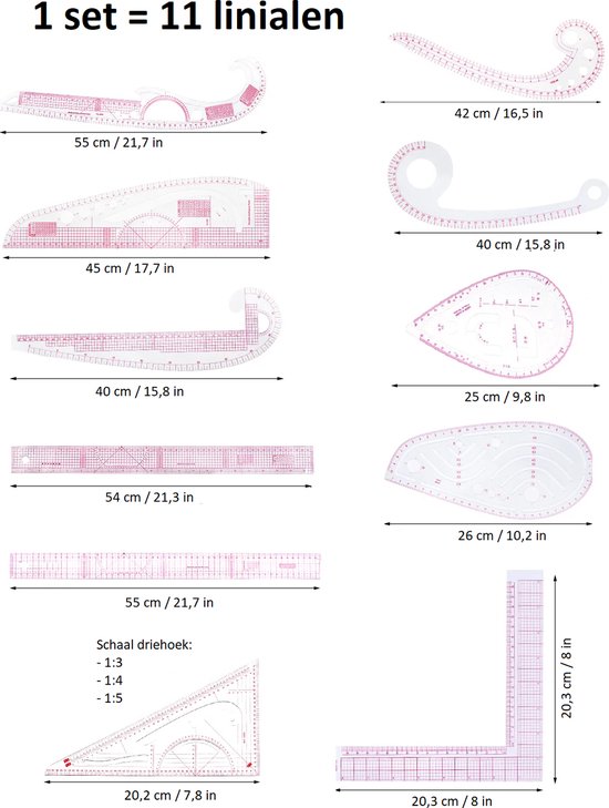 Coupeuse Linialen Set - 11 linialen - dun - transparant - flexibel ...